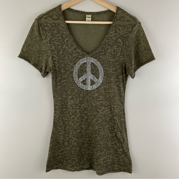 Kavio | Tops | Vintage Y2k Army Green Sheer Burnout V Neck Peace Sign Rhinestone Graphic Tee ...